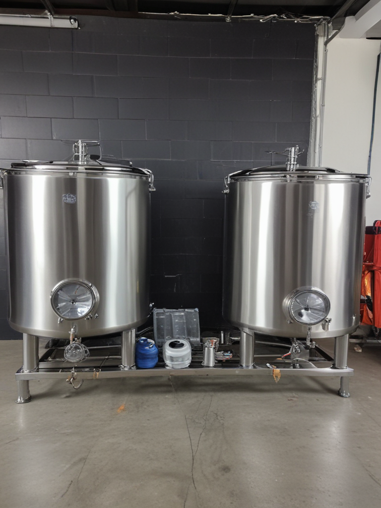 3 vessel herms home brewing system on a stainless table in a garage with black side walls and ...