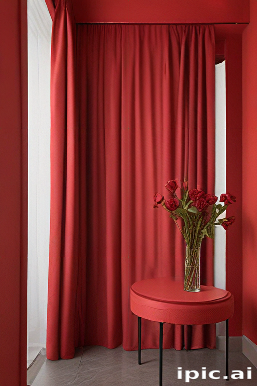 Elegant Red Room Featuring Flowing Curtains and a Floral Centerpiece