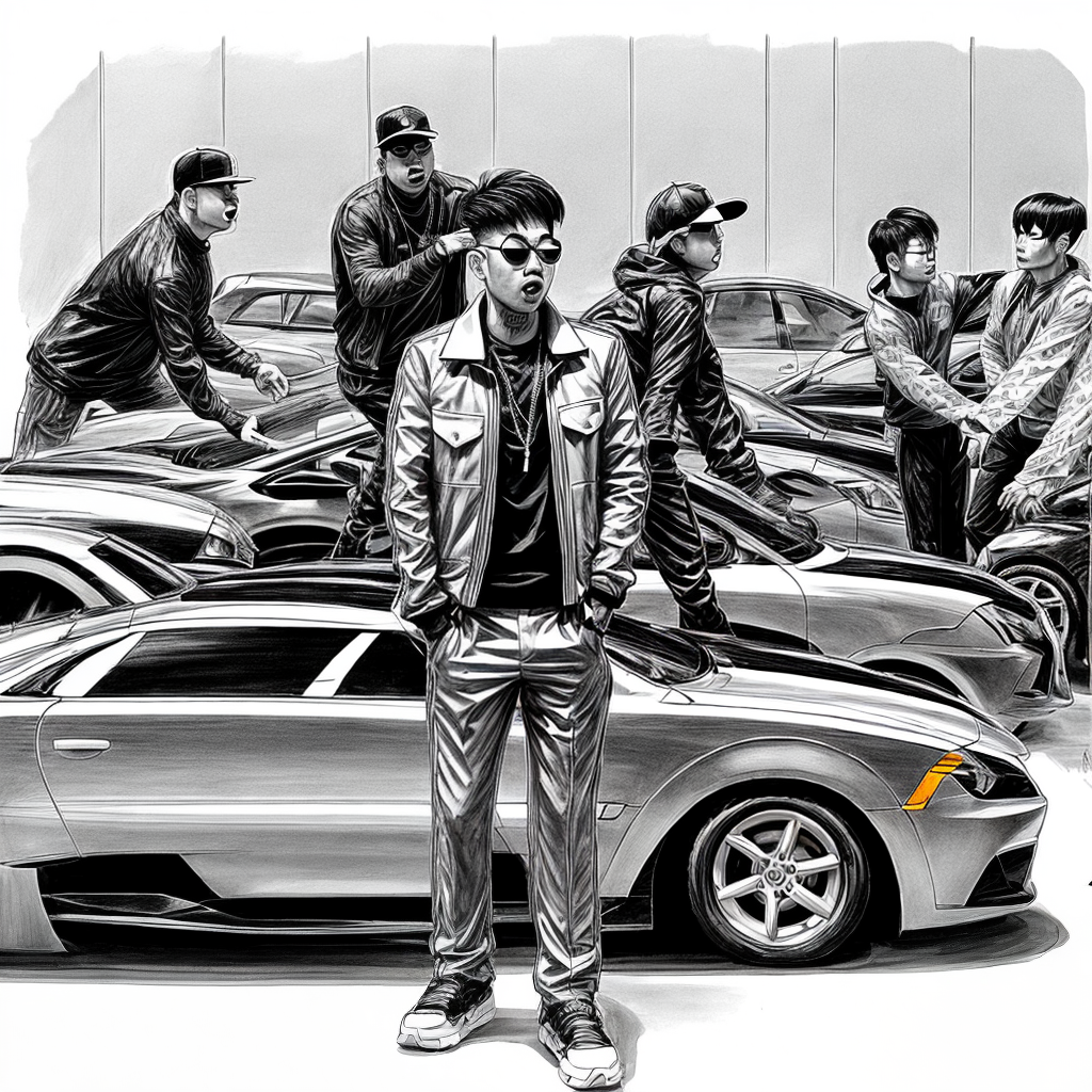 ASIAN RAPPER SINGING IN THE GARAGE OF MANY SPORT CARS BEHIND CARS ARE ...