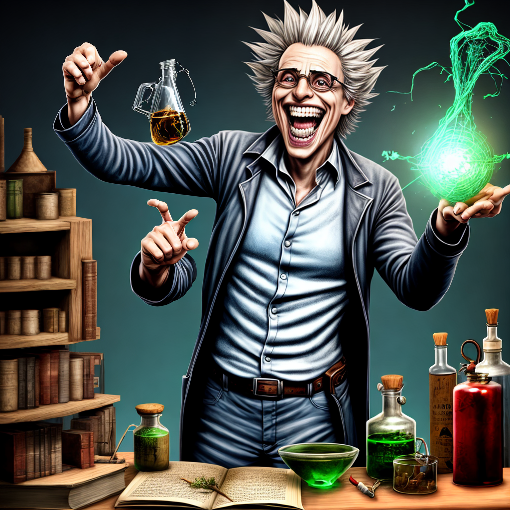 Realistic mad scientist laughing evilly and pointing at the screen. Various potions, a lot of ...