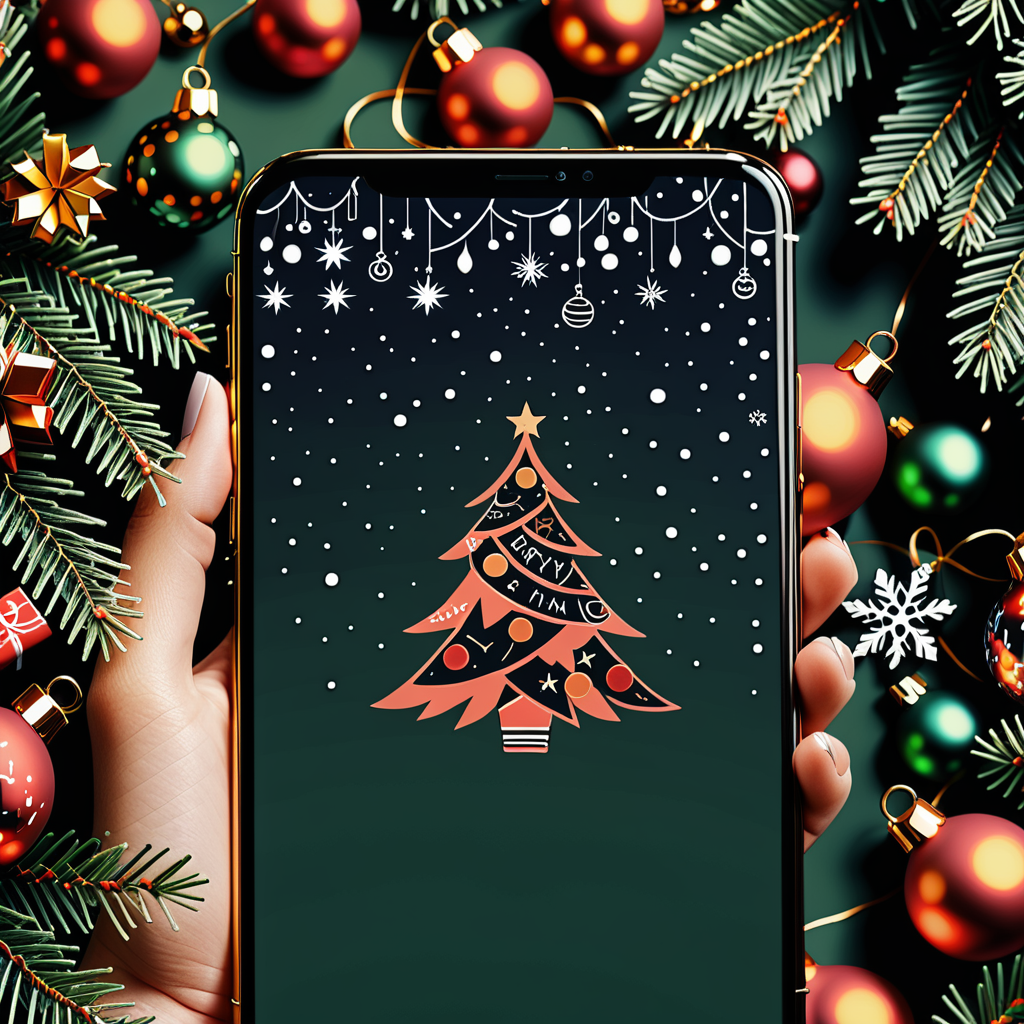 Festive Smartphone Display with Christmas Tree Surrounded by Holiday Decor