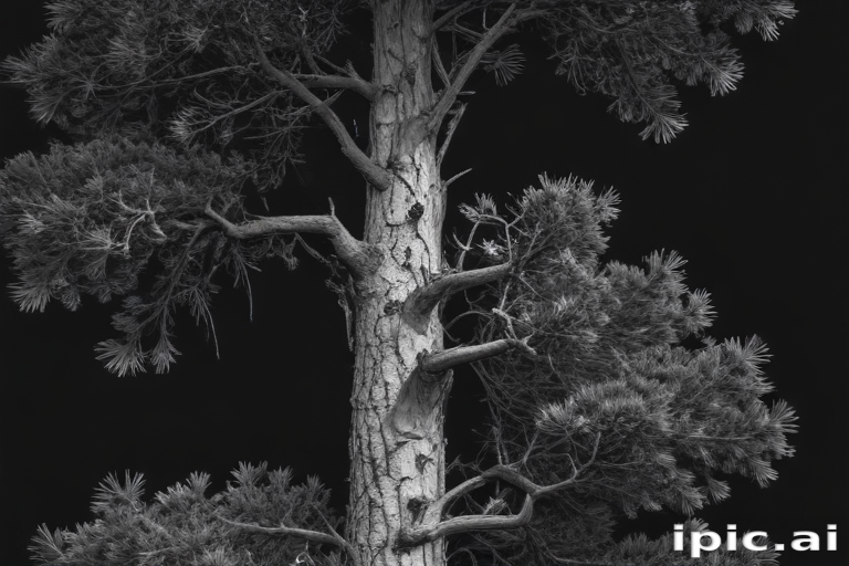 A Majestic Tree Standing Tall Against a Dark Background in Black and White.