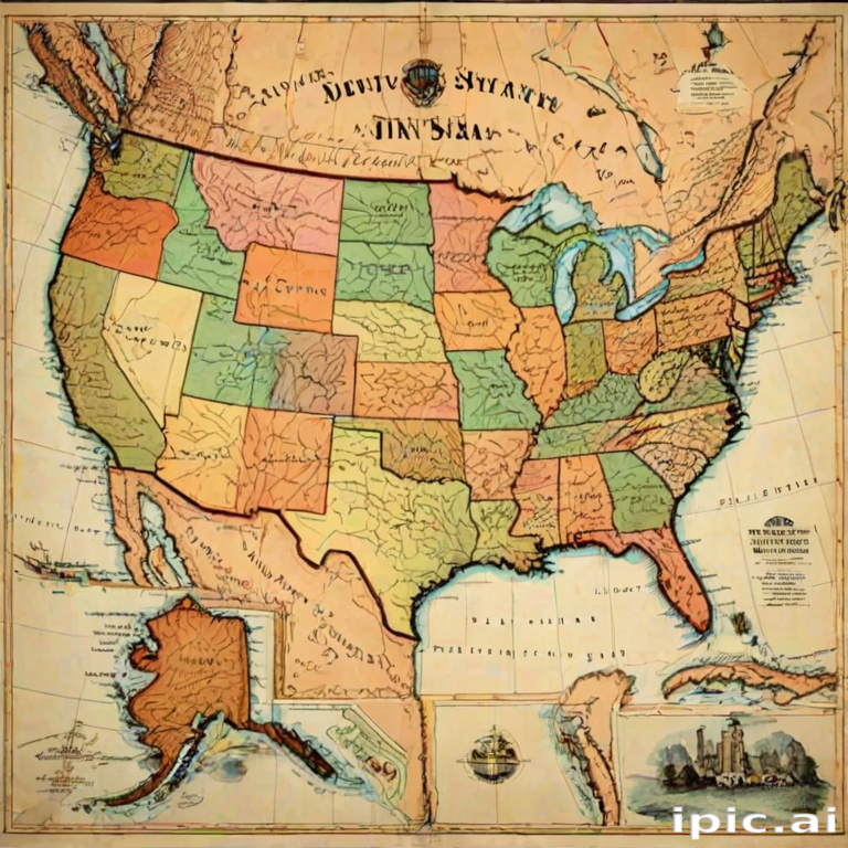 Historic Map of the United States Depicting States and Territories in ...