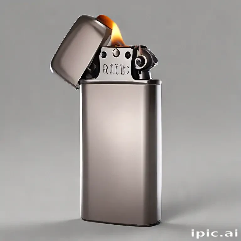Elegant Silver Lighter with Flickering Flame Against a Simple Background