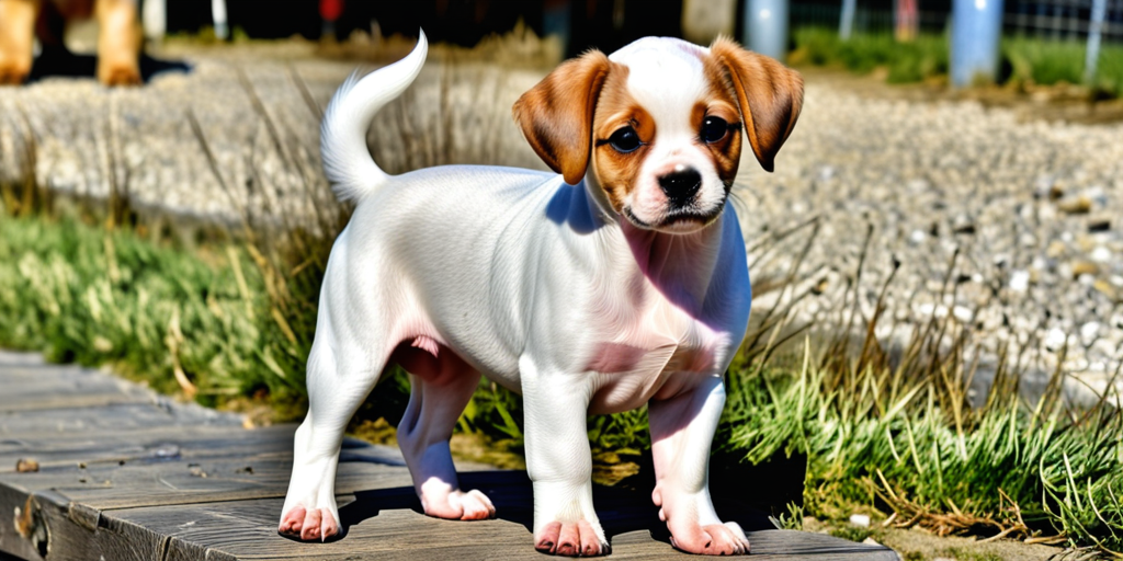 A Cute Beagle Puppy Playfully Standing on a Wooden Pathway Outdoors.