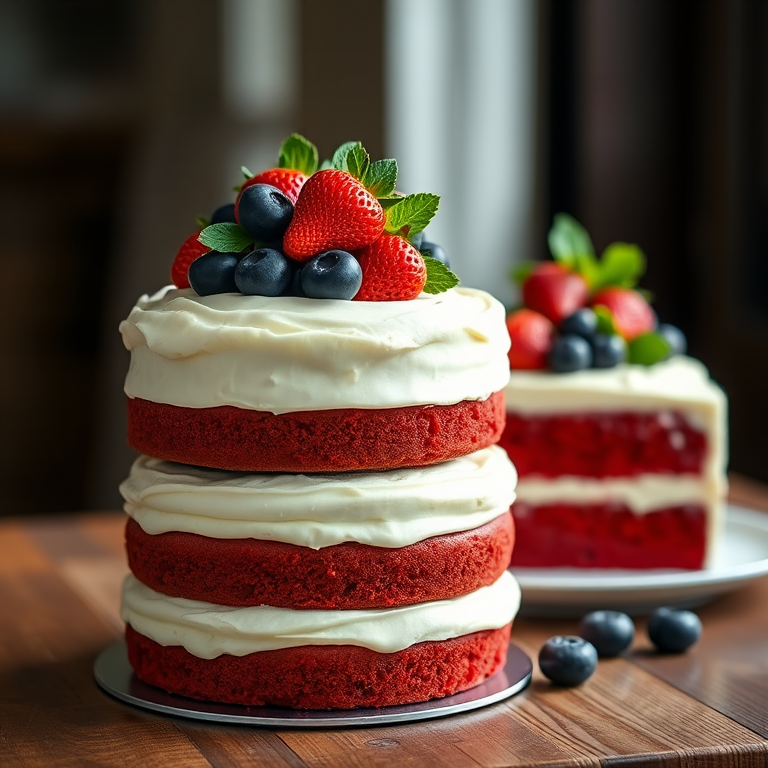 Delicious Triple-Layer Red Velvet Cake Topped with Fresh Berries and ...