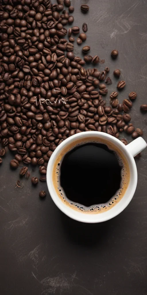 Rich and Aromatic Coffee: A Beautiful Cup Surrounded by Fresh Beans