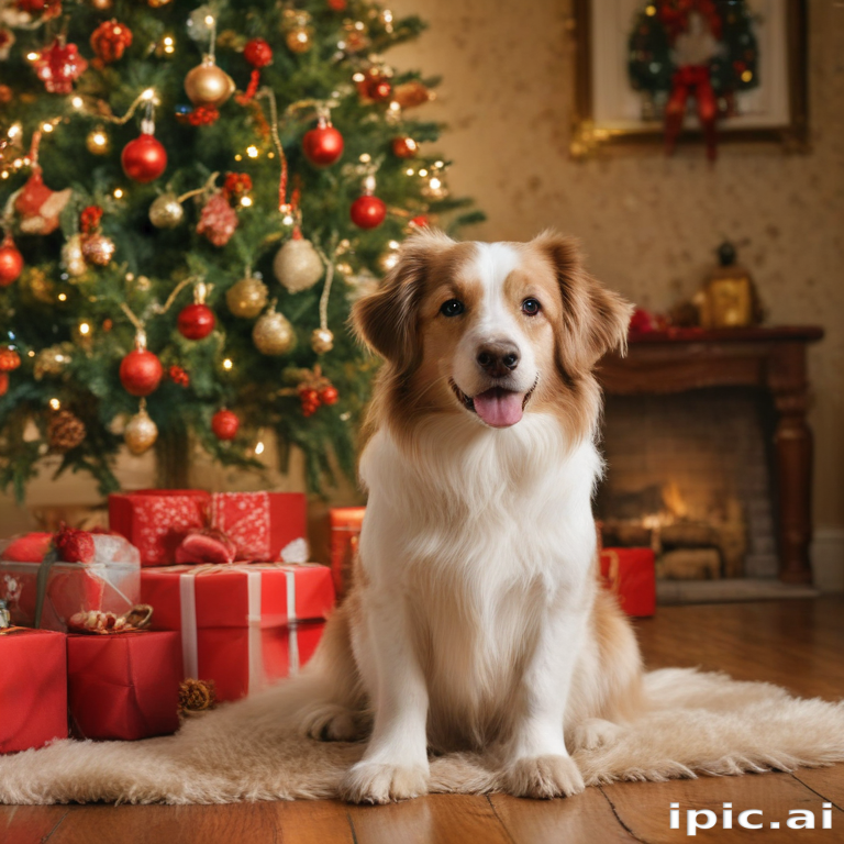 Festive Holiday Scene Featuring a Cheerful Dog Beside a Christmas Tree