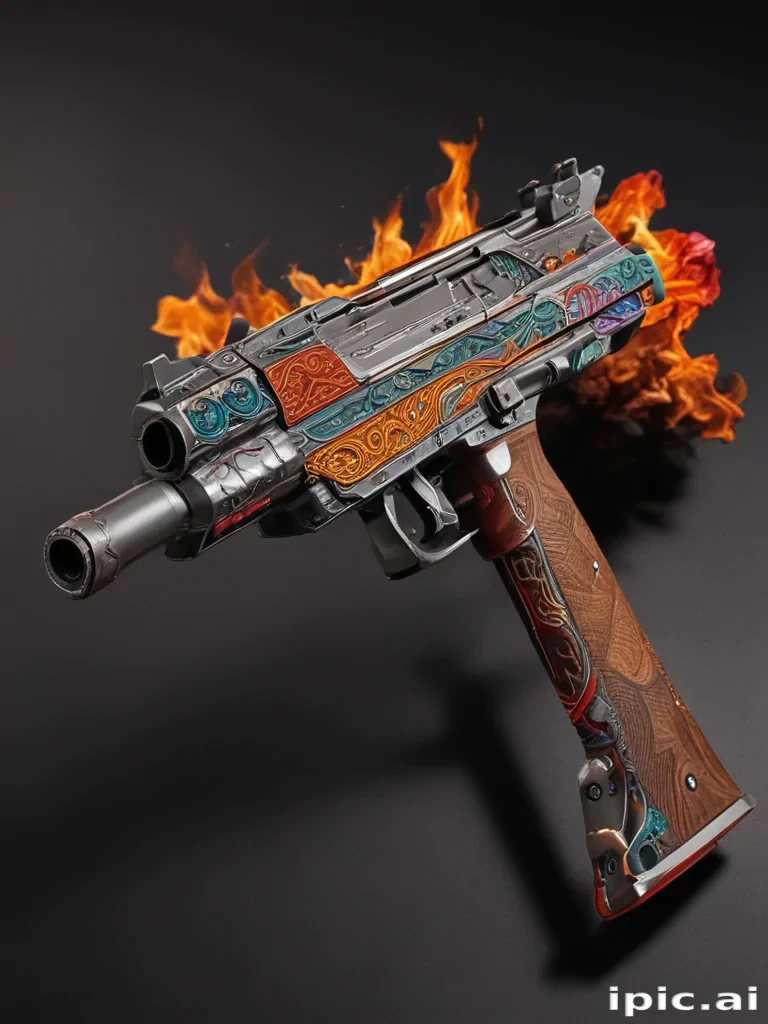 Intricately Designed Gun Surrounded by Fiery Flames and Vibrant Colors