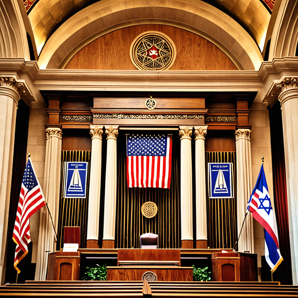 synagogue bimah with israel and american flags