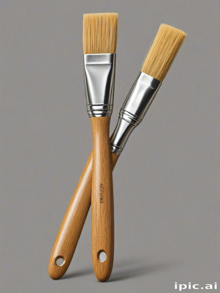 Two Artistic Paint Brushes with Wooden Handles on a Gray Background