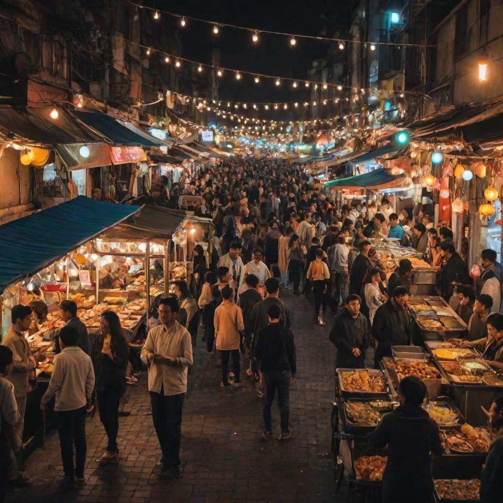 Vibrant Night Market Bustling with People and Delicious Street Food ...