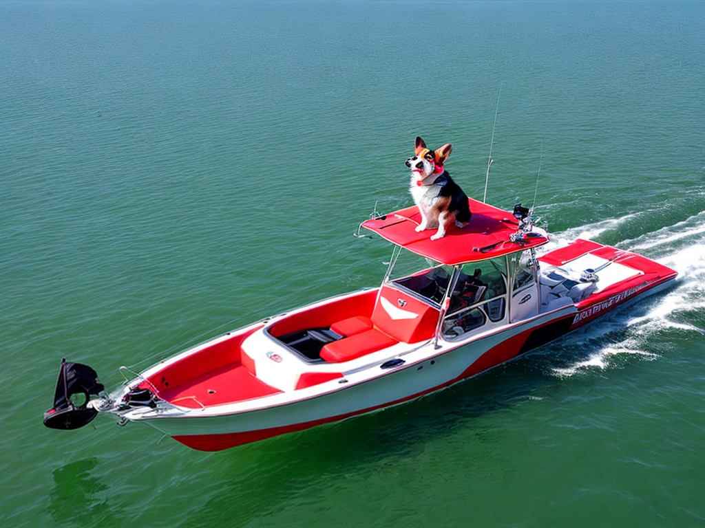 Corgi on a boat holding a fishing pole