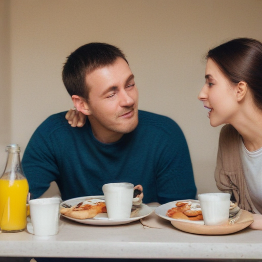 Poor couple fighting and eating breakfast. fighting a lot. they are on ...
