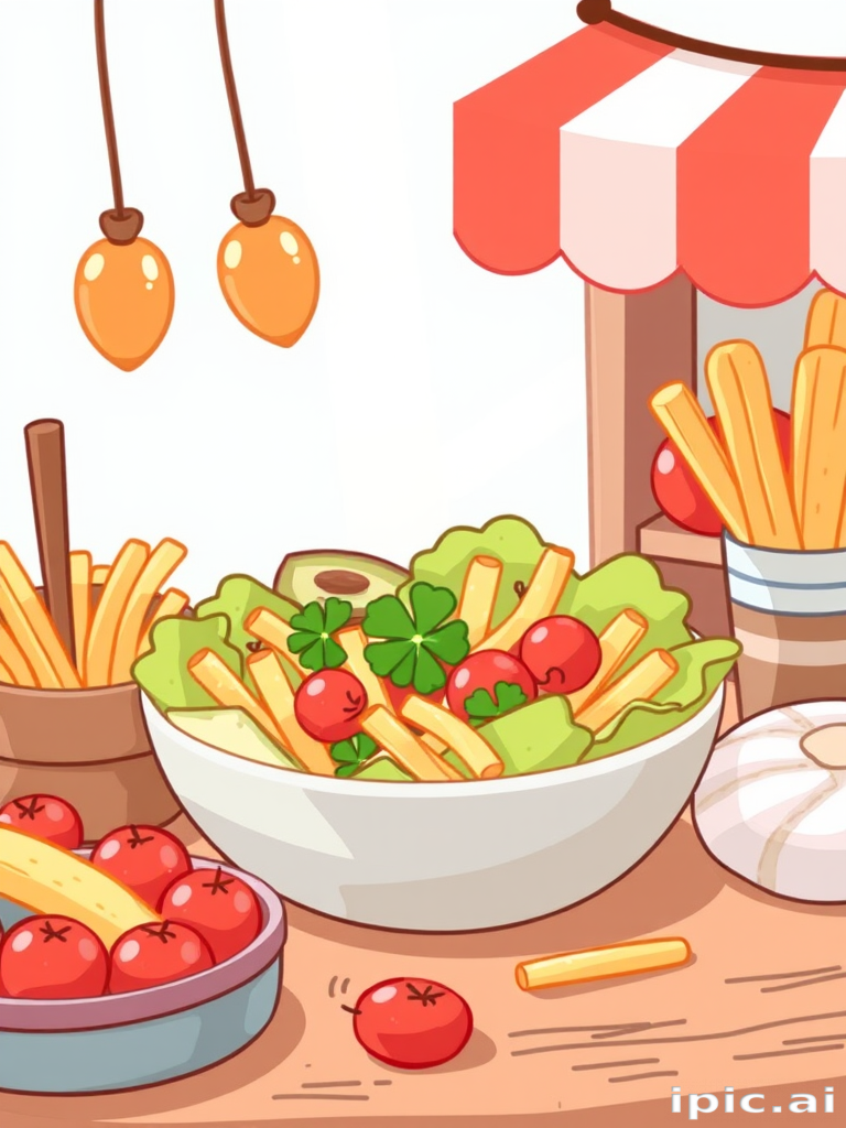 Colorful Salad and Delicious Fries at a Charming Outdoor Food Stall