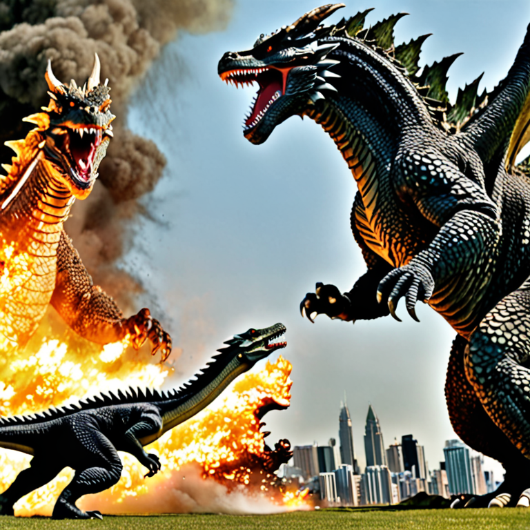 Giant dragon fighting godzilla