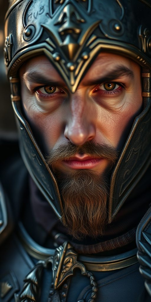 Portrait of a Fearless Warrior in Intricate Armor and Helmet