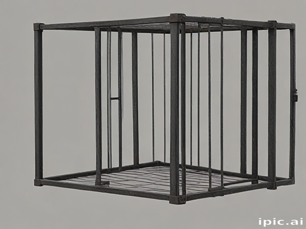 An Empty Metal Cage Suspended in Air Against a Neutral Background