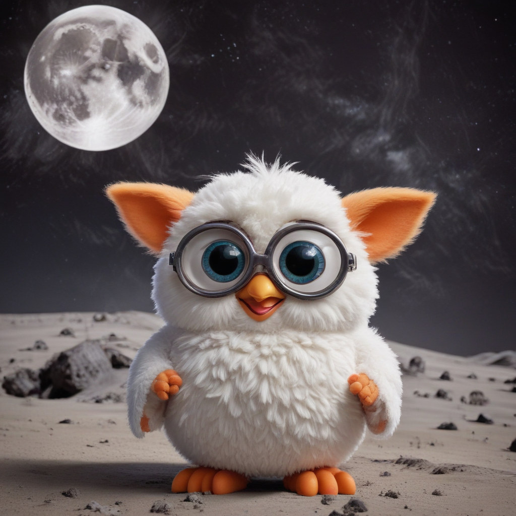 imagine Furby going to the moon with a funny background