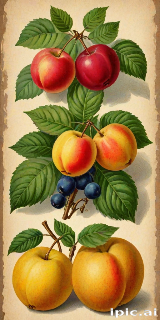 Vibrant Vintage Illustration of Various Fruits with Lush Green Leaves