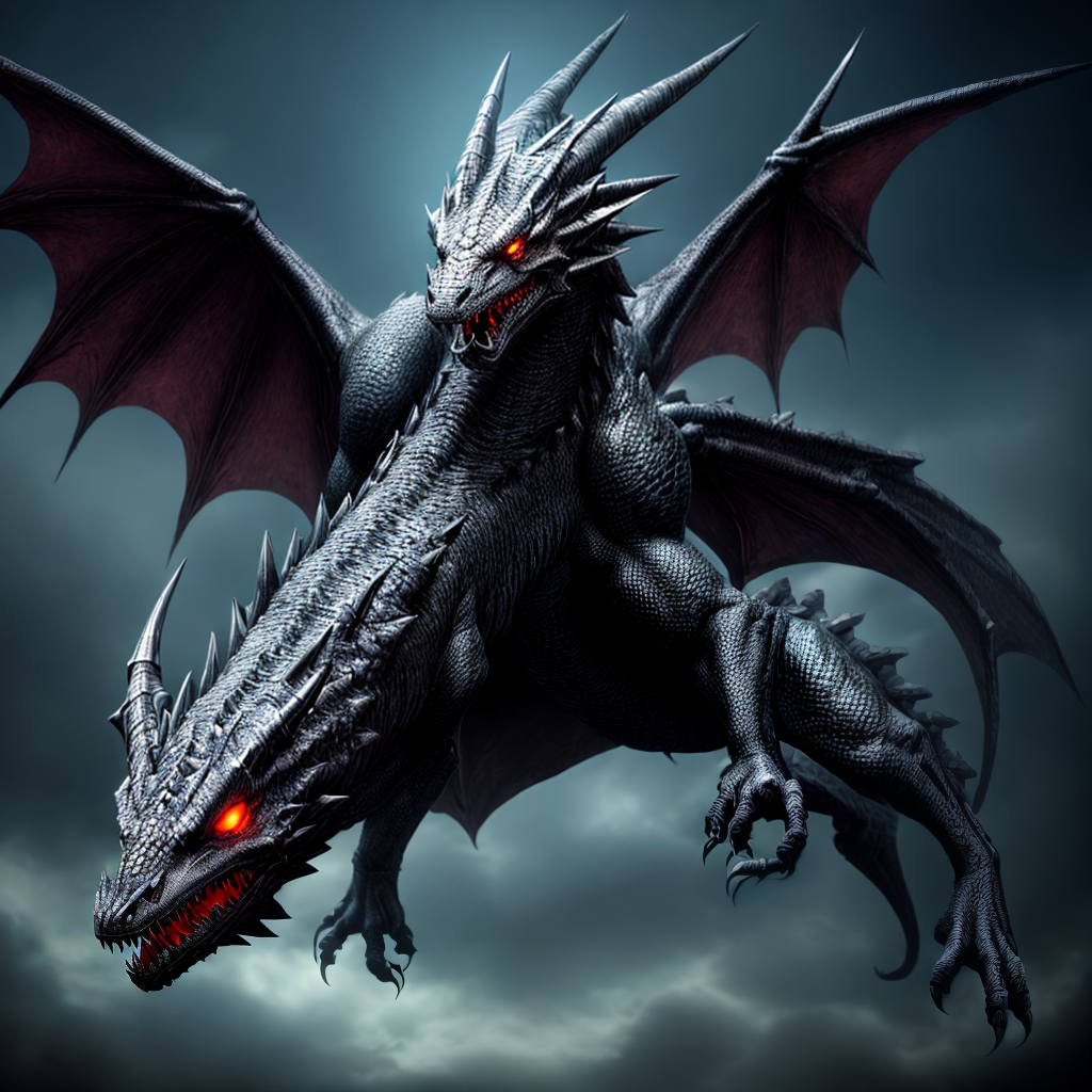 A dragon like entity with pitch black scales and a grim look on its face