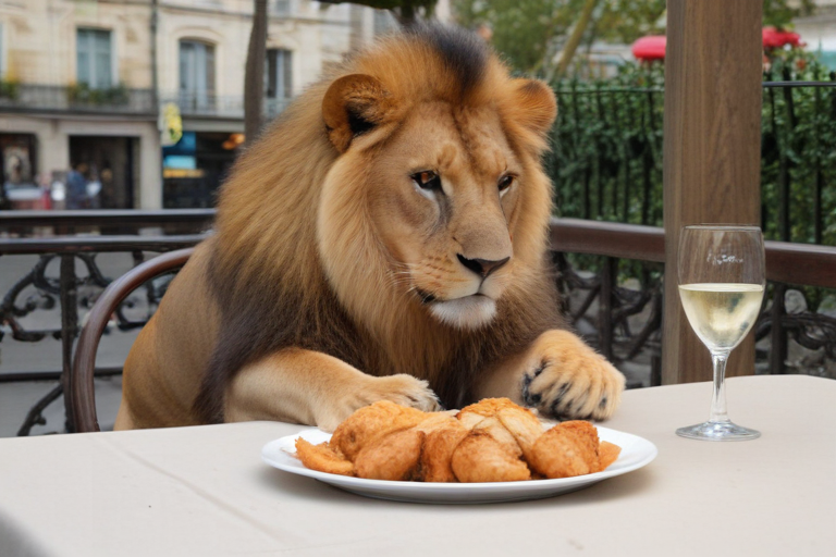 LION EAT CHICKEN ON TABLE IN PARIS AND HAVE SUIT