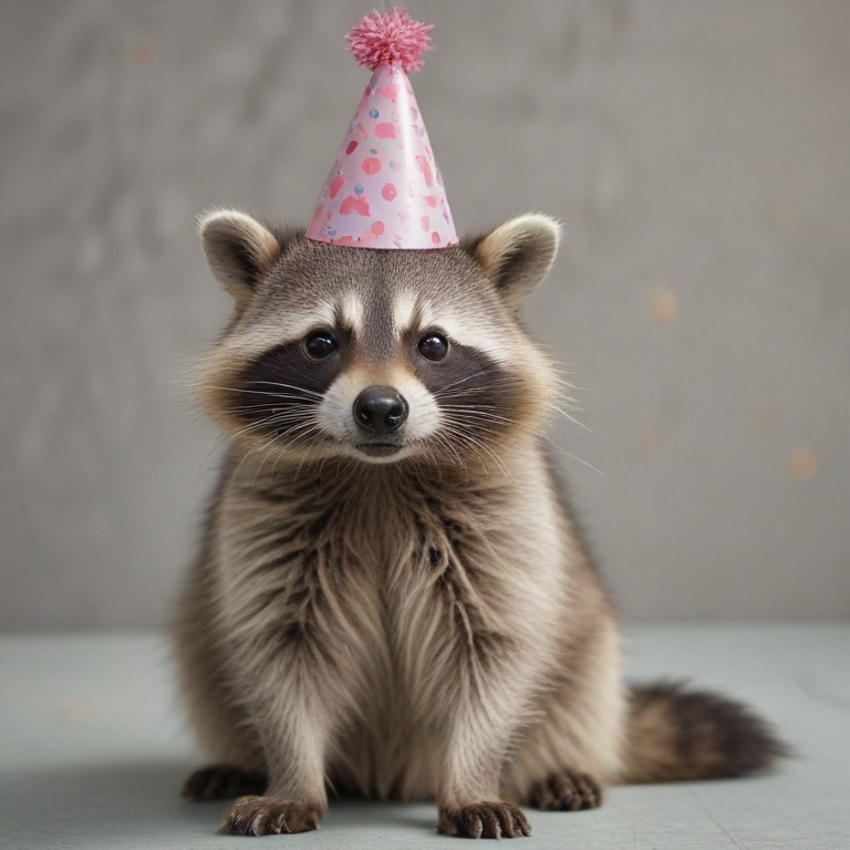 RACOON WITH A BIRTHDAY HAT PARTYING