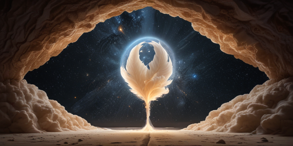 A Dreamlike Scene of a Feather Rising from Cosmic Sands in Space