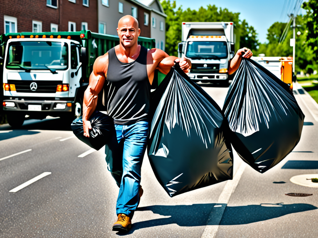 realistic handsome bald muscular garbagemen carrying black garbage bags ...