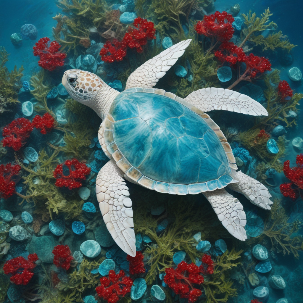 One shining, white sea-turtle made from many precious white pearls ...