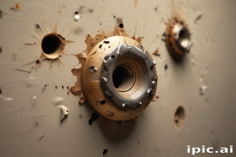 Close-Up of a Bullet-Riddled Wall Featuring a Damaged Metal Fixture