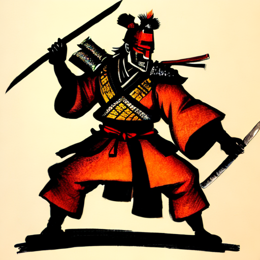 samurai with bamboo armor and flaming orange katana breaking a mountain