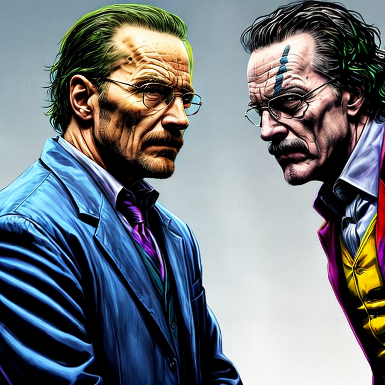 comic book style walter white and joker facing off in a deadly battle