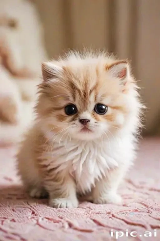 Adorable Fluffy Kitten with Big Eyes Sitting on a Soft Blanket