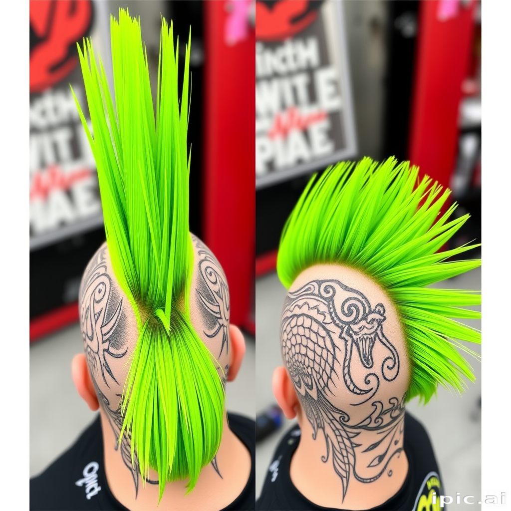 Vibrant Green Mohawk with Intricate Tattoo Design on Shaved Head