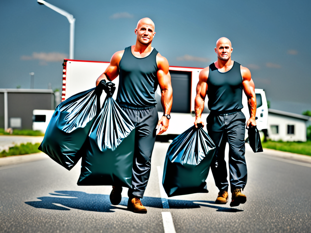 realistic handsome bald muscular garbagemen carrying black garbage bags ...
