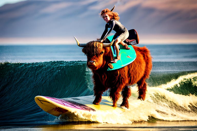 Highland cow surfing