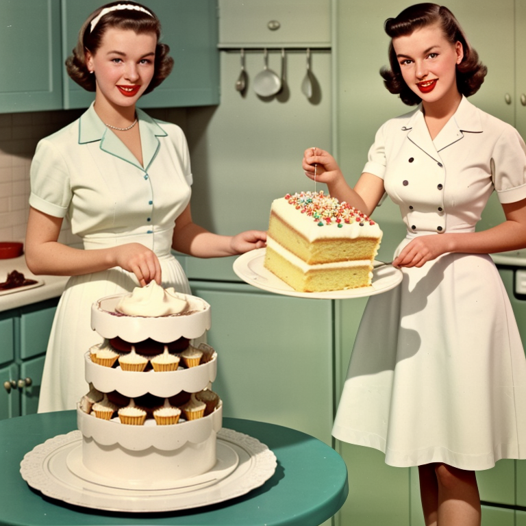 Two Women in Vintage Dresses Baking and Decorating Delicious Cakes Together