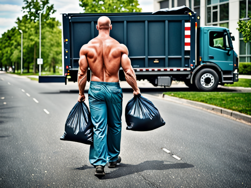 realistic handsome bald muscular garbagemen from behind carrying black ...