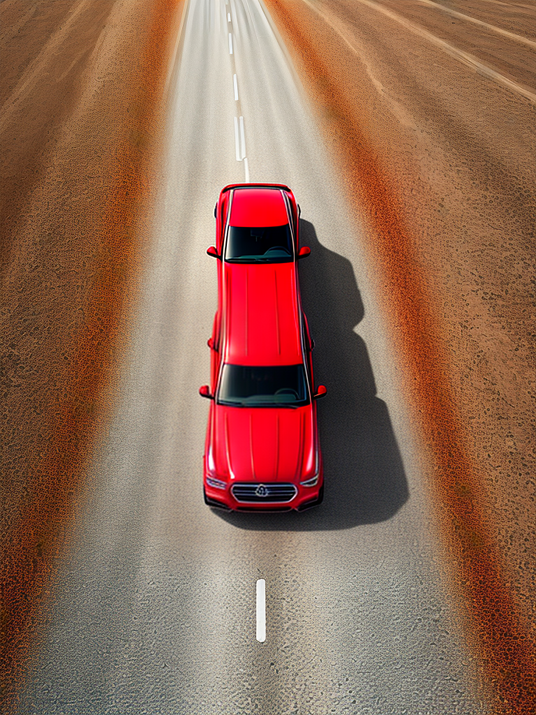 red car running street desert, realistic image
