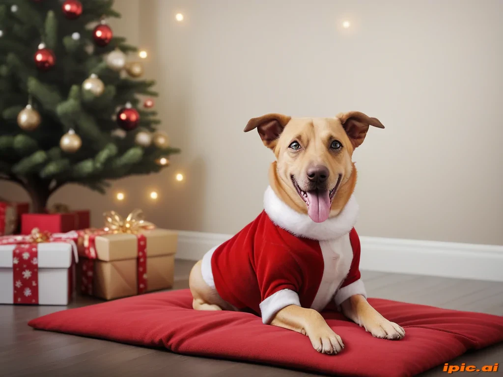 Adorable Dog Dressed as Santa Claus Among Christmas Tree and Gifts