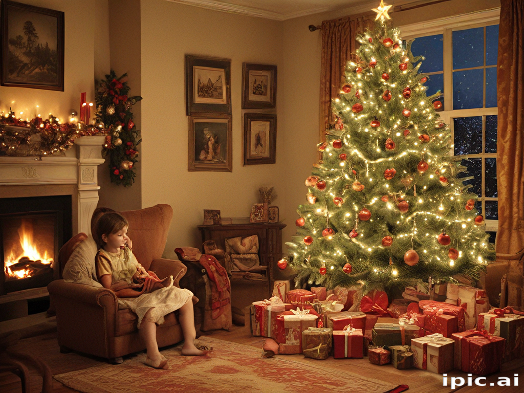 Cozy Christmas Evening with a Child by the Decorated Tree