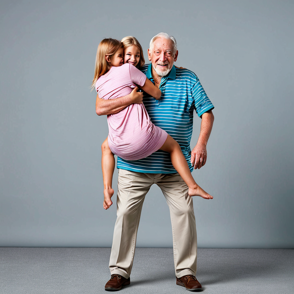 attractive girl cradle carried, couple, by big tall elderly man full ...