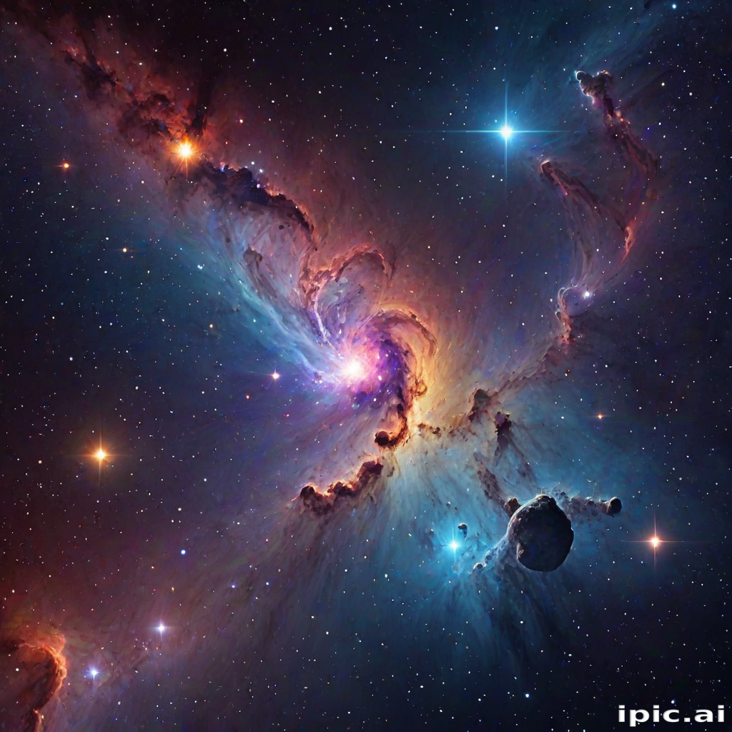 Stunning Cosmic Nebula with Colorful Swirls and Distant Celestial Bodies