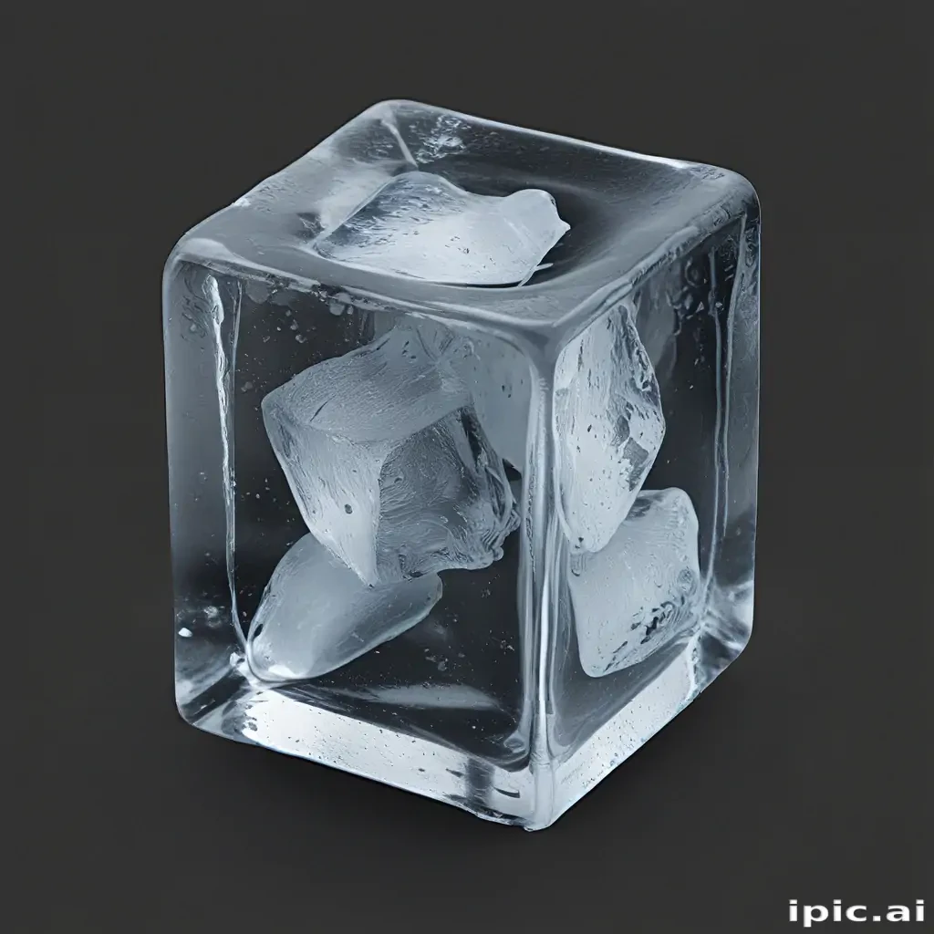 Sparkling Ice Cube with Embedded Ice Chunks on a Dark Background