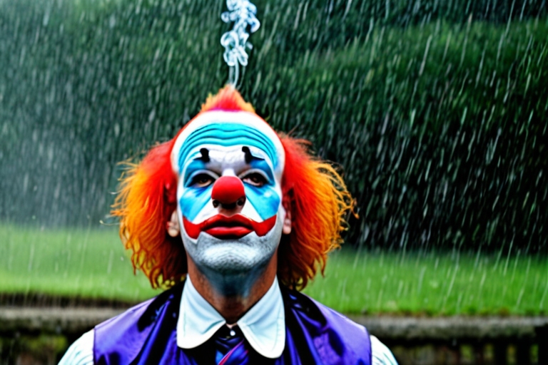 Clown in the rain smoking