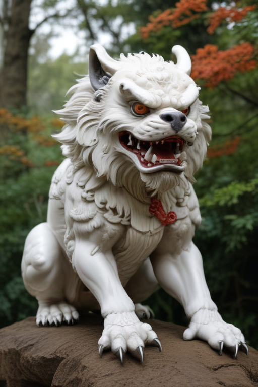 Chinese foo dog clashing with a Japanese tengu