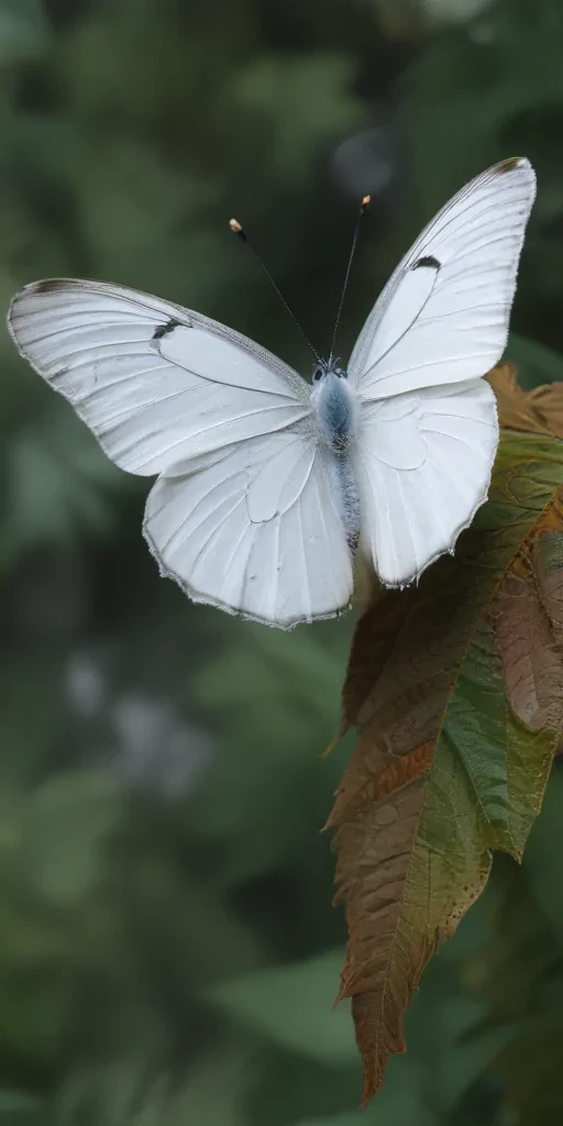 A Delicate White Butterfly Resting Gracefully on a Leafy Green Background