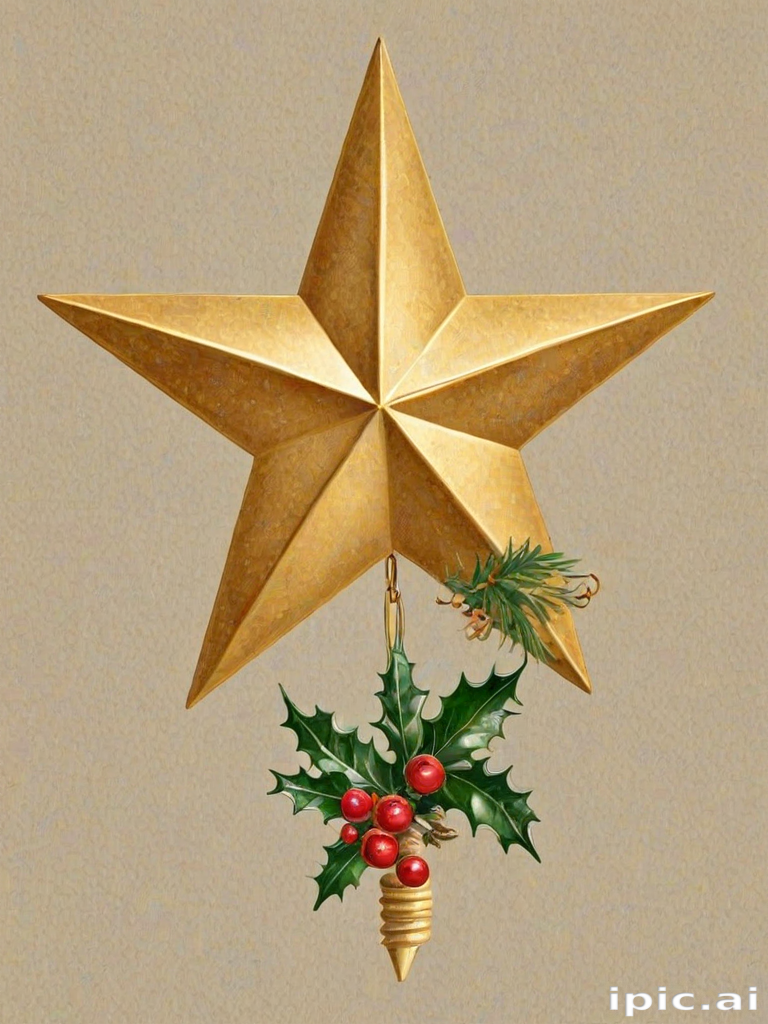 Beautiful Golden Star Ornament with Holly and Berries for Christmas Decor