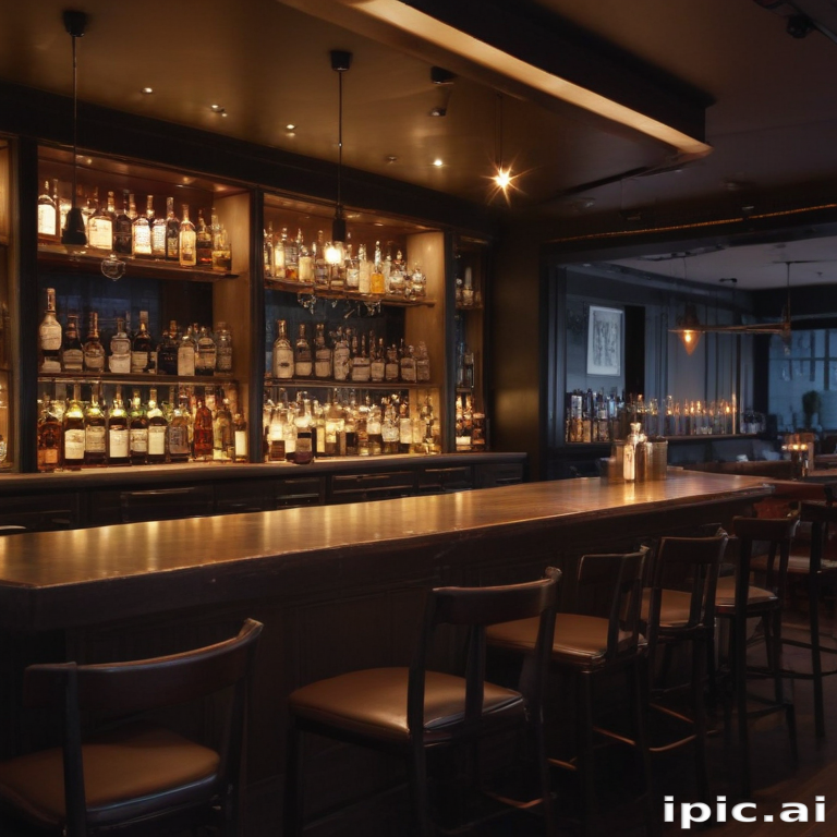 A Cozy and Elegant Bar Interior Featuring a Well-Stocked Liquor Shelf